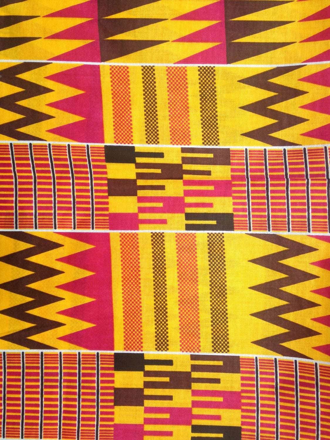 Tissu africain : wax jaune, rose et marron motif style kenté - Africouleur